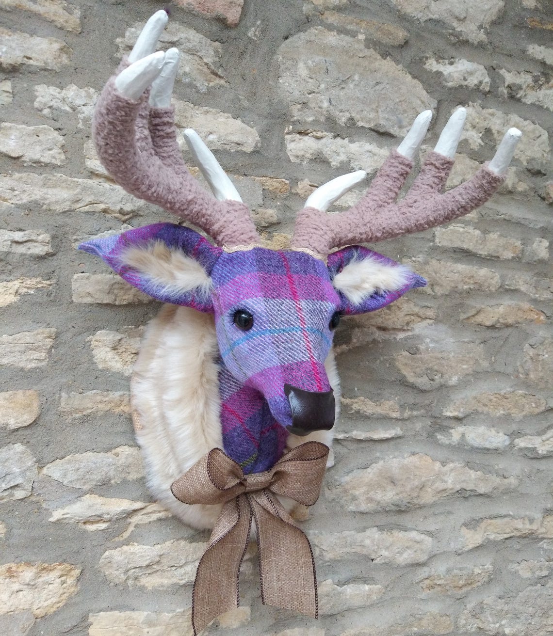 Stag Head Handmade Harris Tweed Purple Check Deer Faux Taxidermy Wall ...