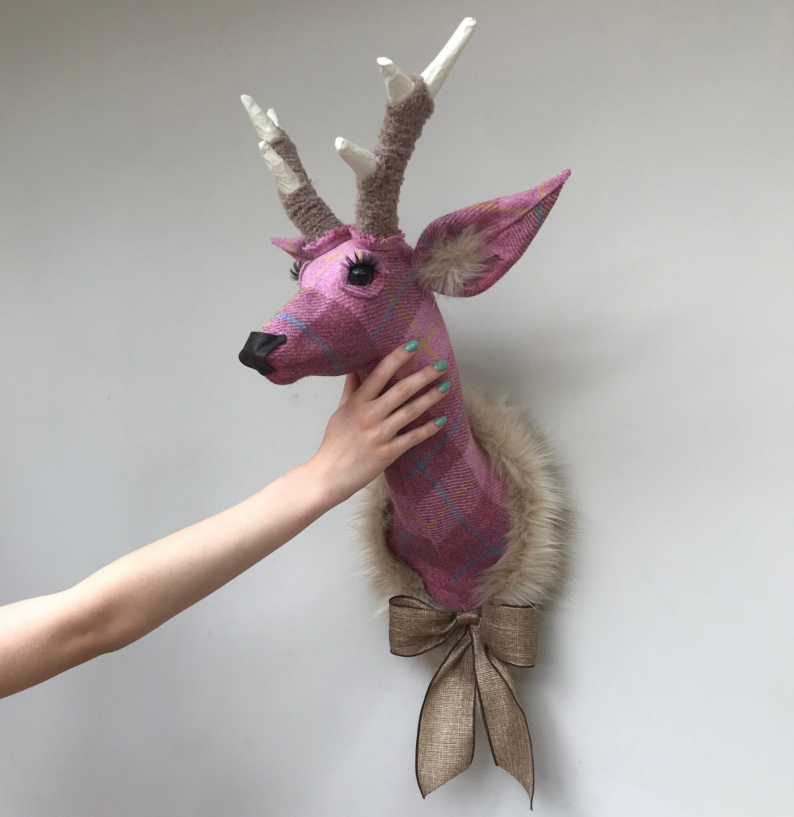Stag Head Faux Taxidermy Handmade Harris Tweed Rose Pink Check | Etsy