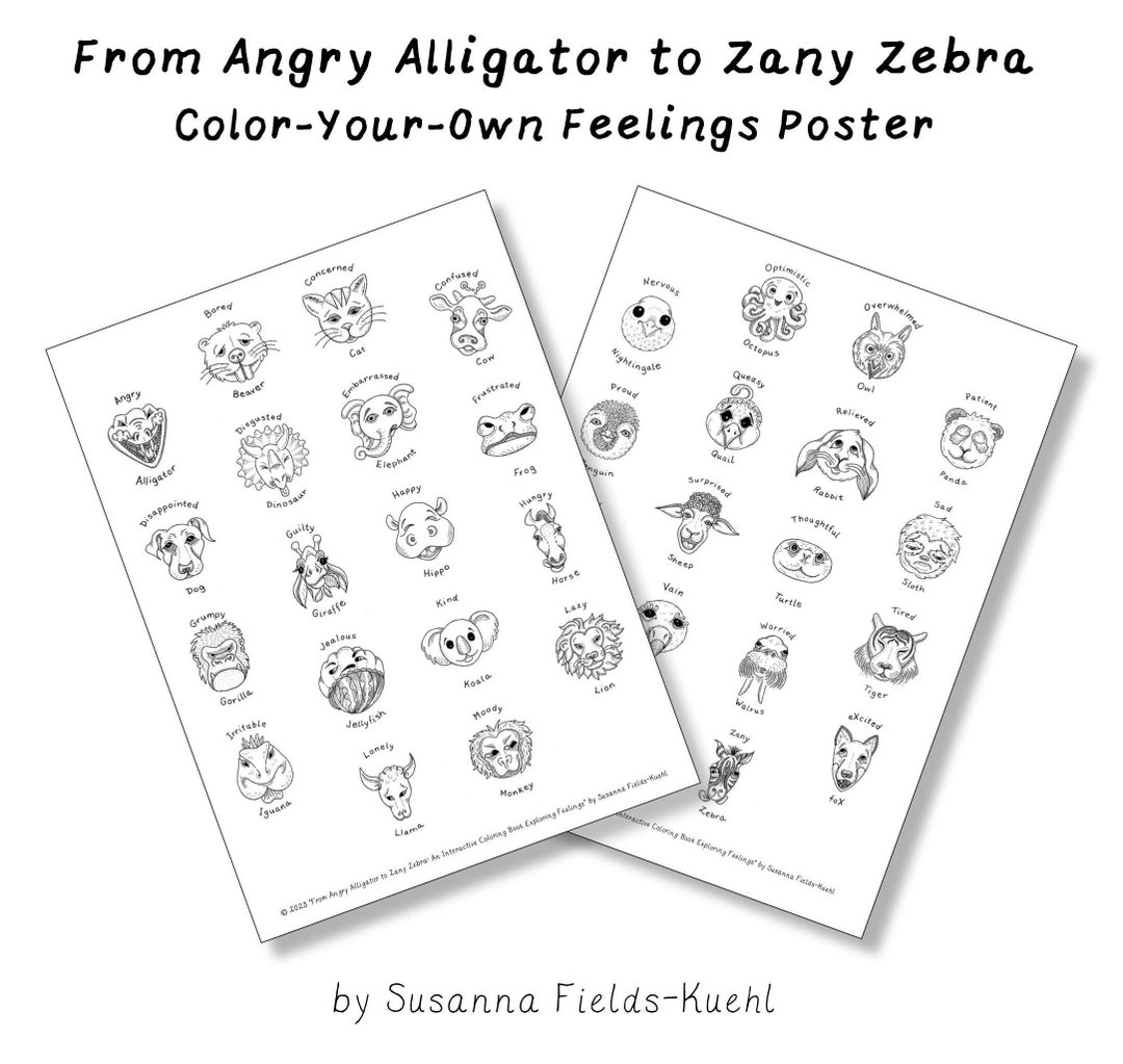 From Angry Alligator to Zany Zebra: Feelings Poster Coloring Pages - Etsy