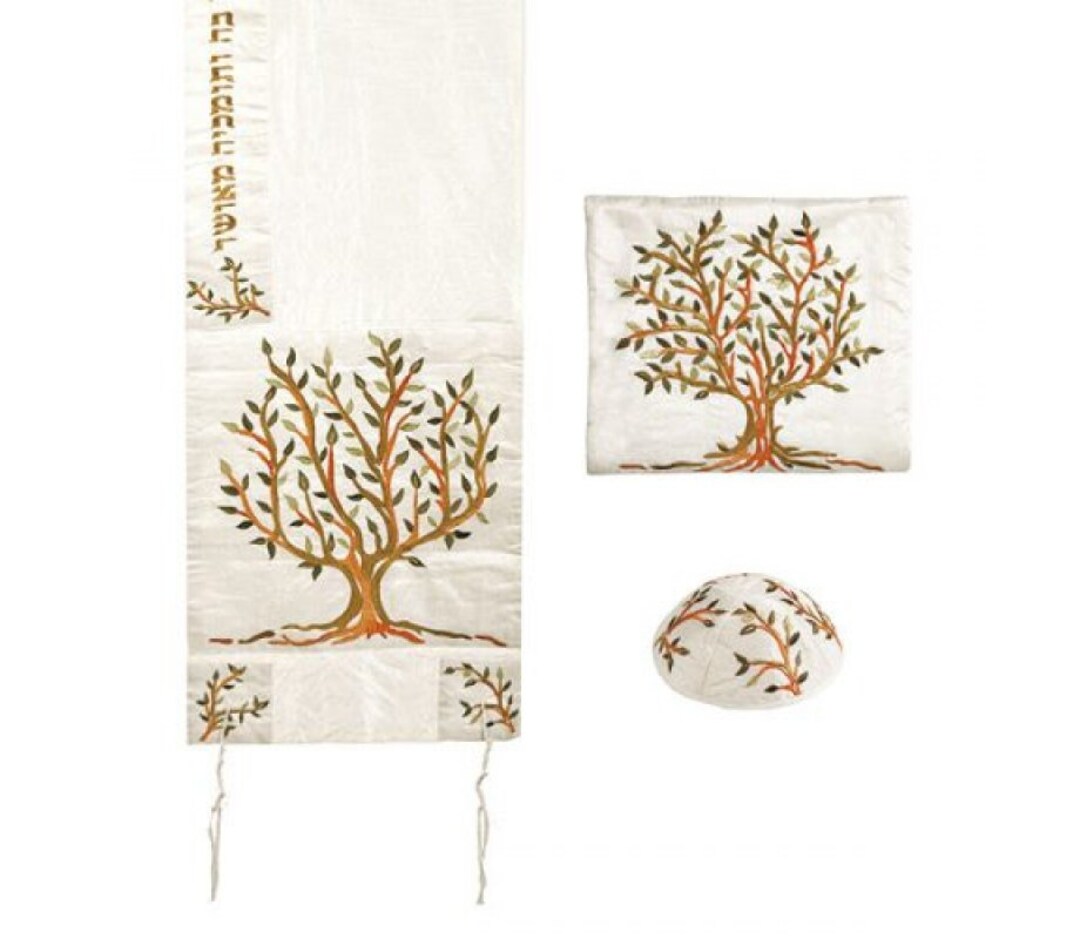 Polysilk Tallit Set Embroidered Tree of Life Tree of Life Brown and ...