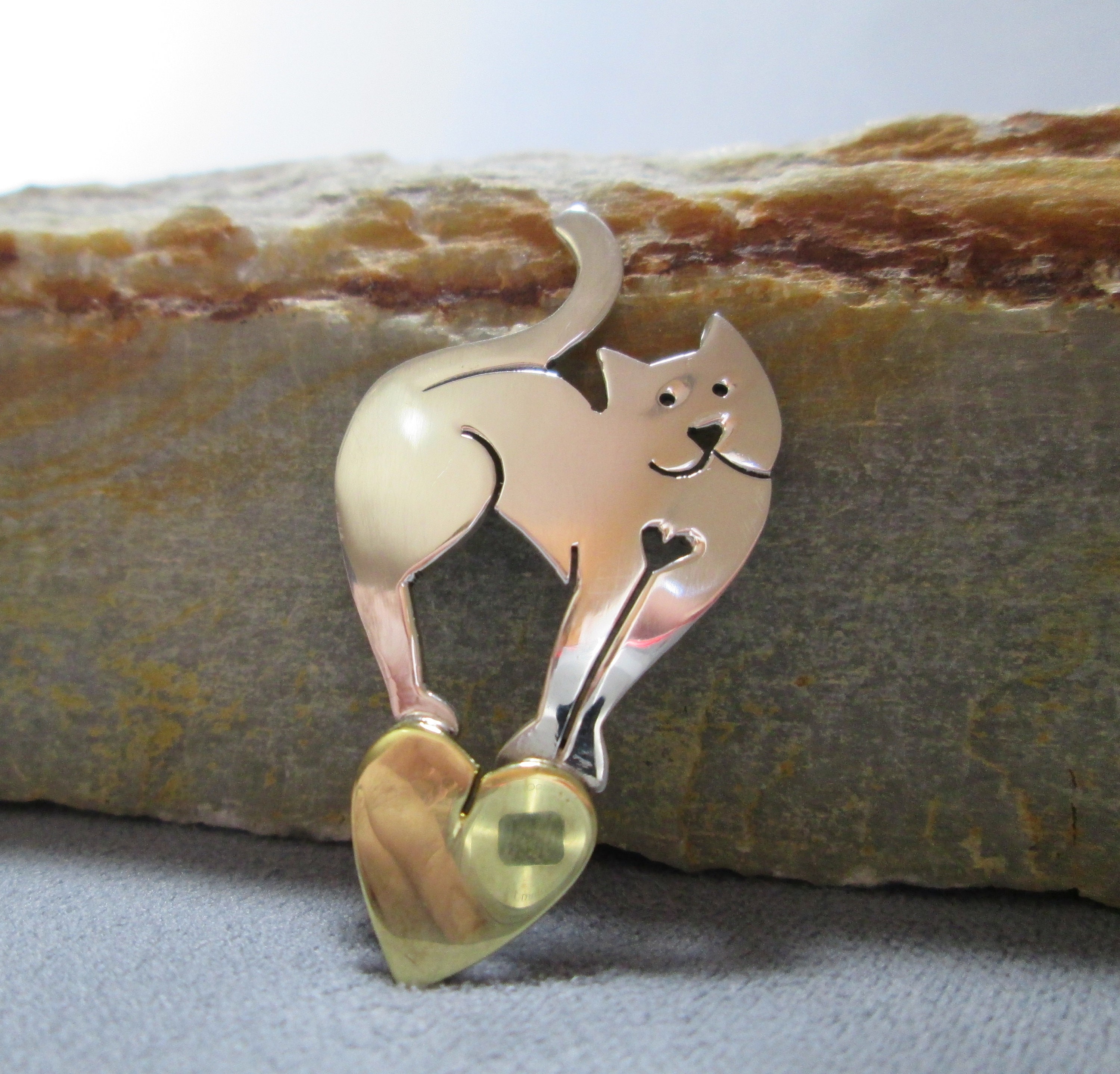 Sterling Silver Cat Brooch Mixed Metal Kitty And Heart Pin Etsy