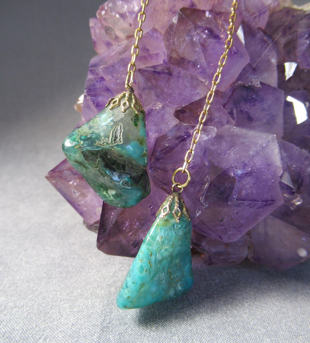 Green Jasper Lariat Necklace on Golden Brass 30 Inch Chain - Etsy