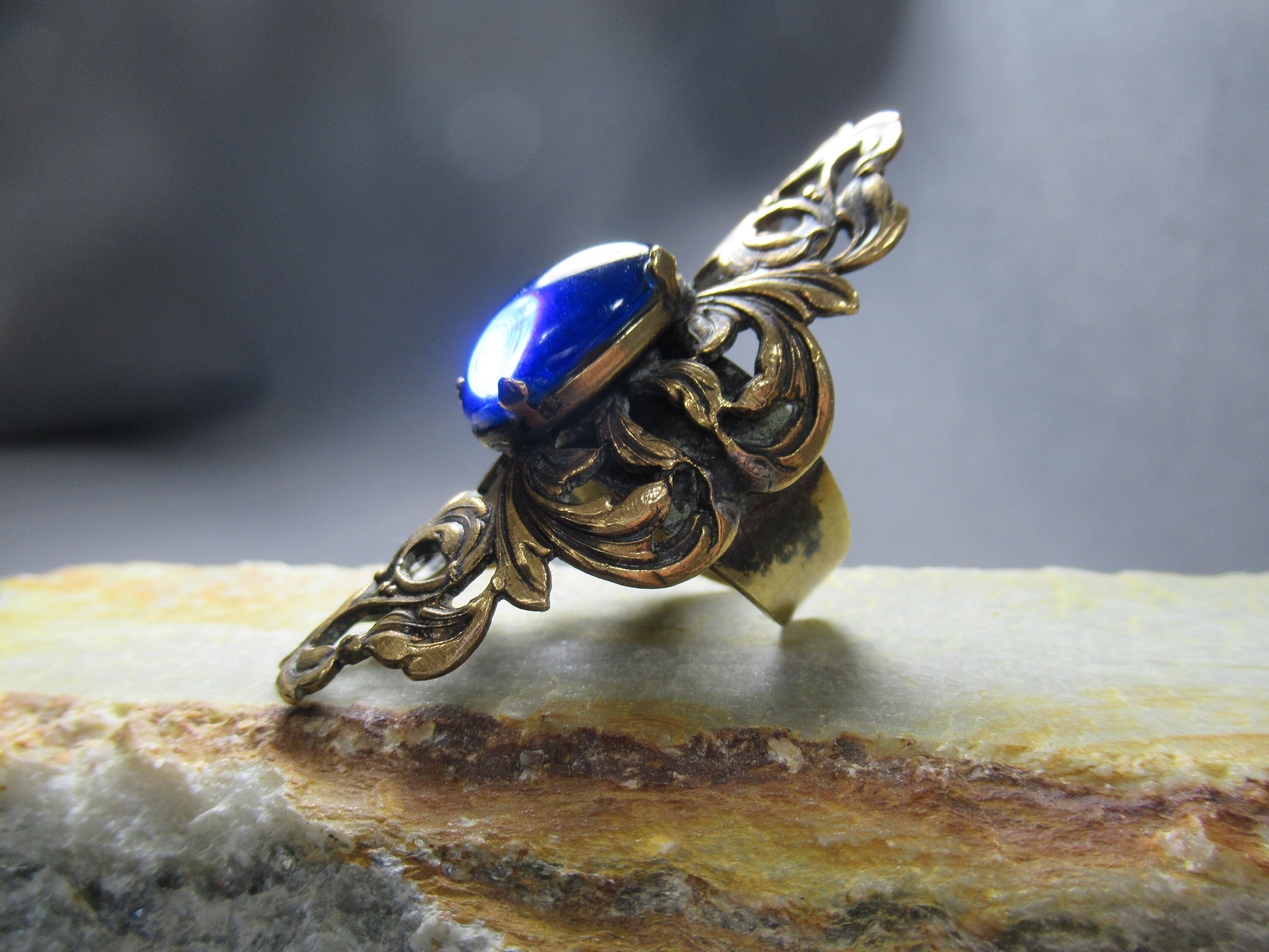 Gothic Blue and Gold Knuckle Ring Bronze & Glass - Etsy