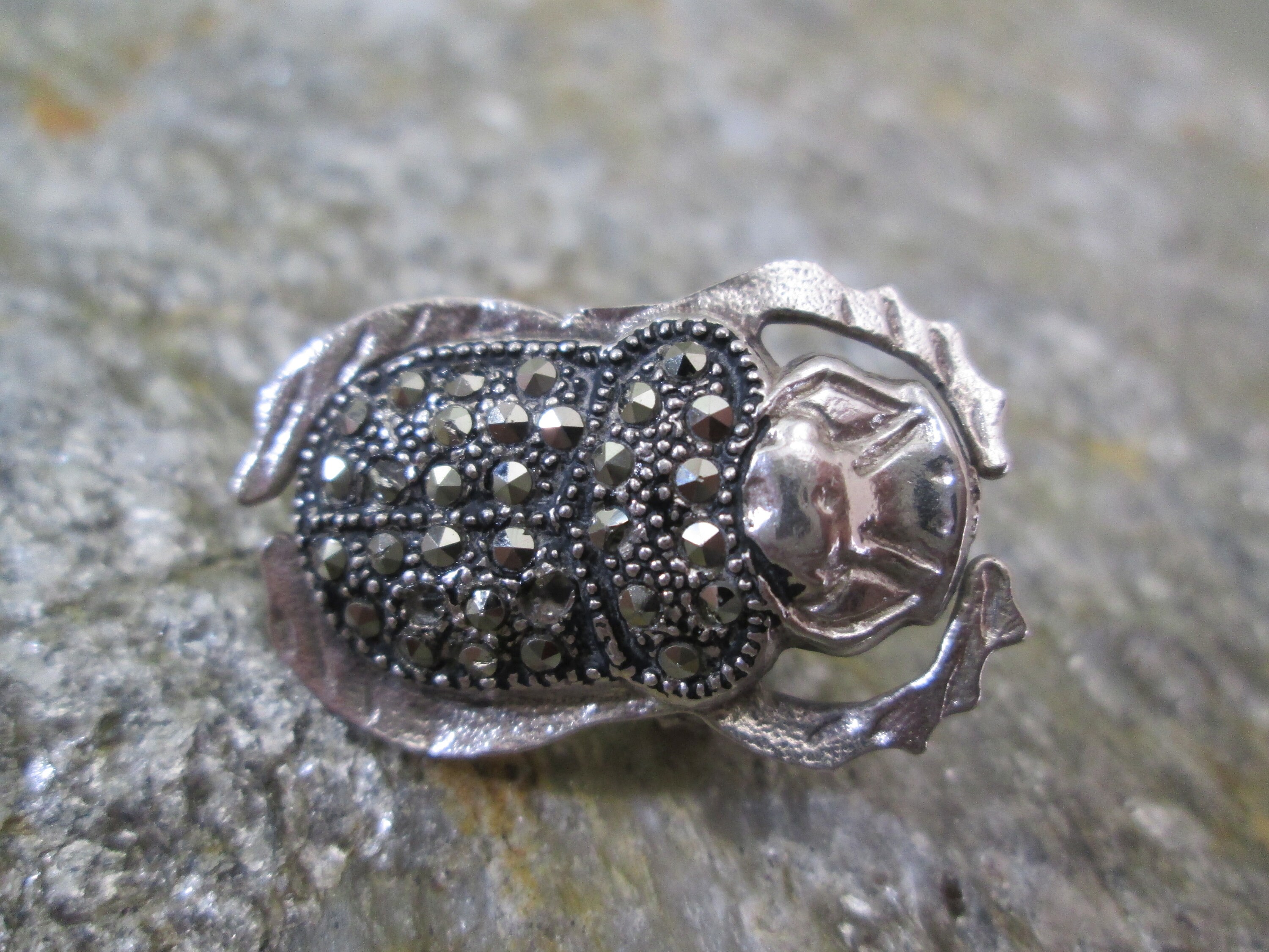 Sterling Silver Scarab Brooch Sparkling Marcasite Beetle Carapace Lapel ...