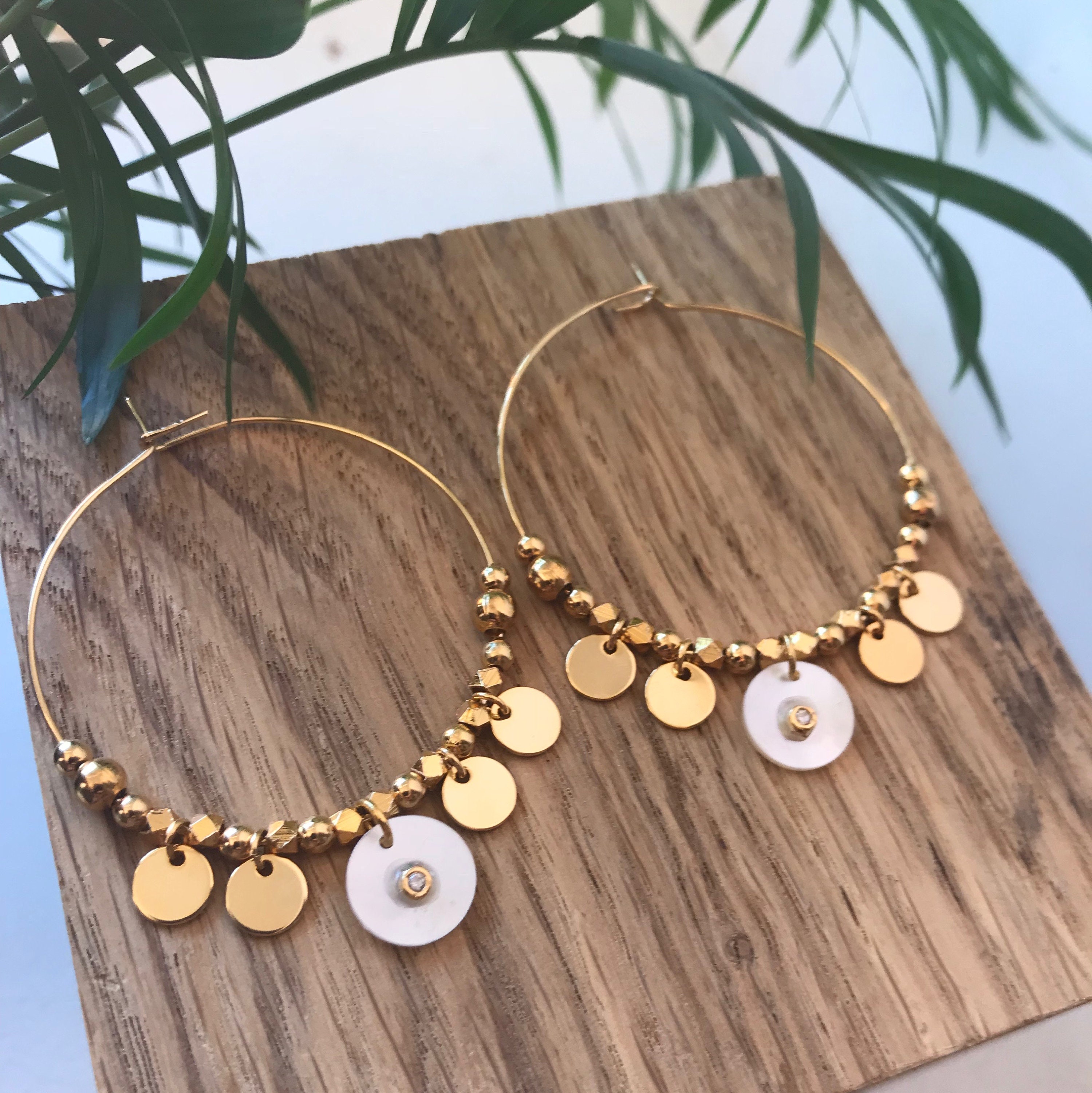 Gaia Disc Hoops Earrings in Gold and White Mother of Pearl - Etsy