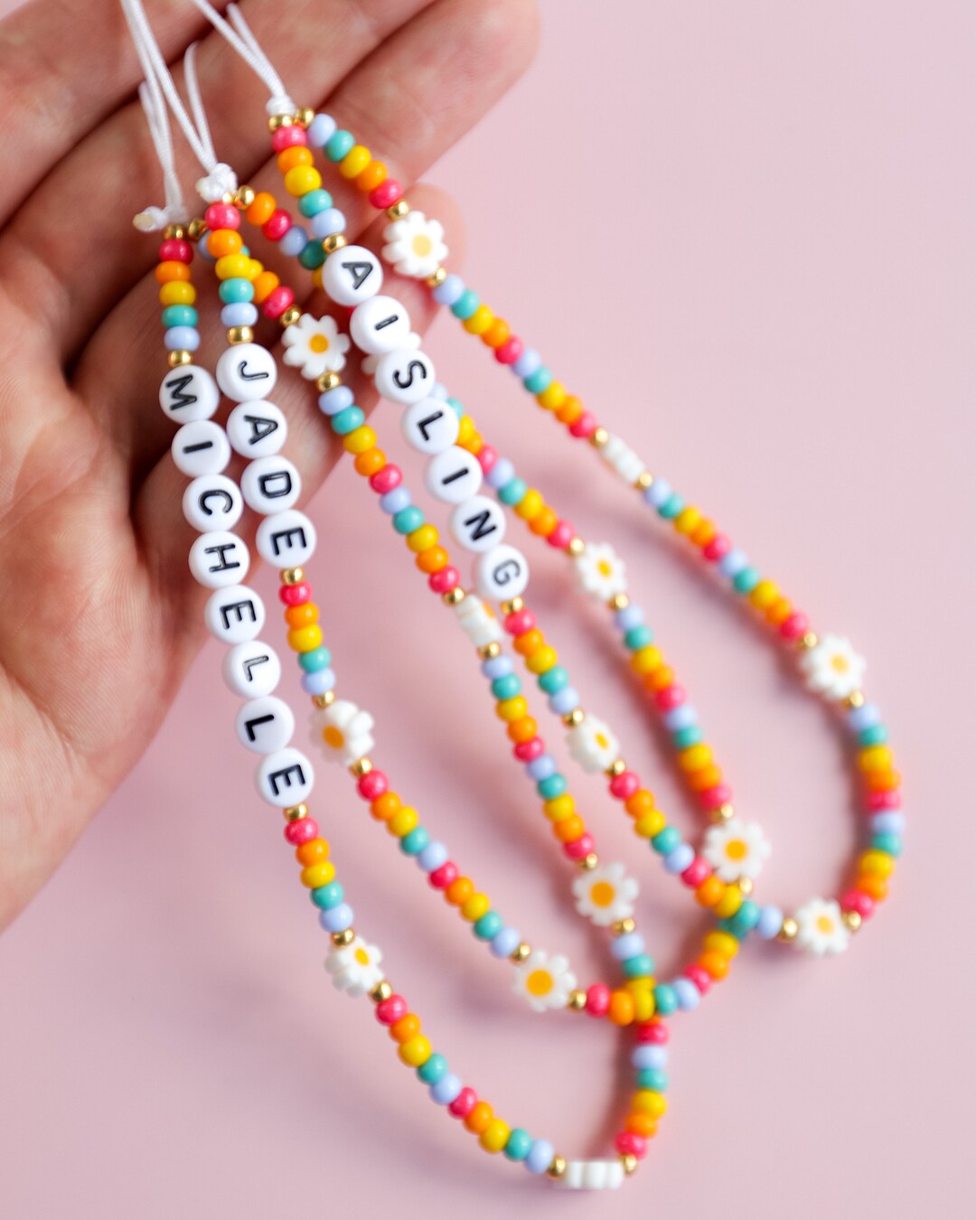 Personalised Beaded Phone Charm With Colourful Beads and Daisy Beads ...