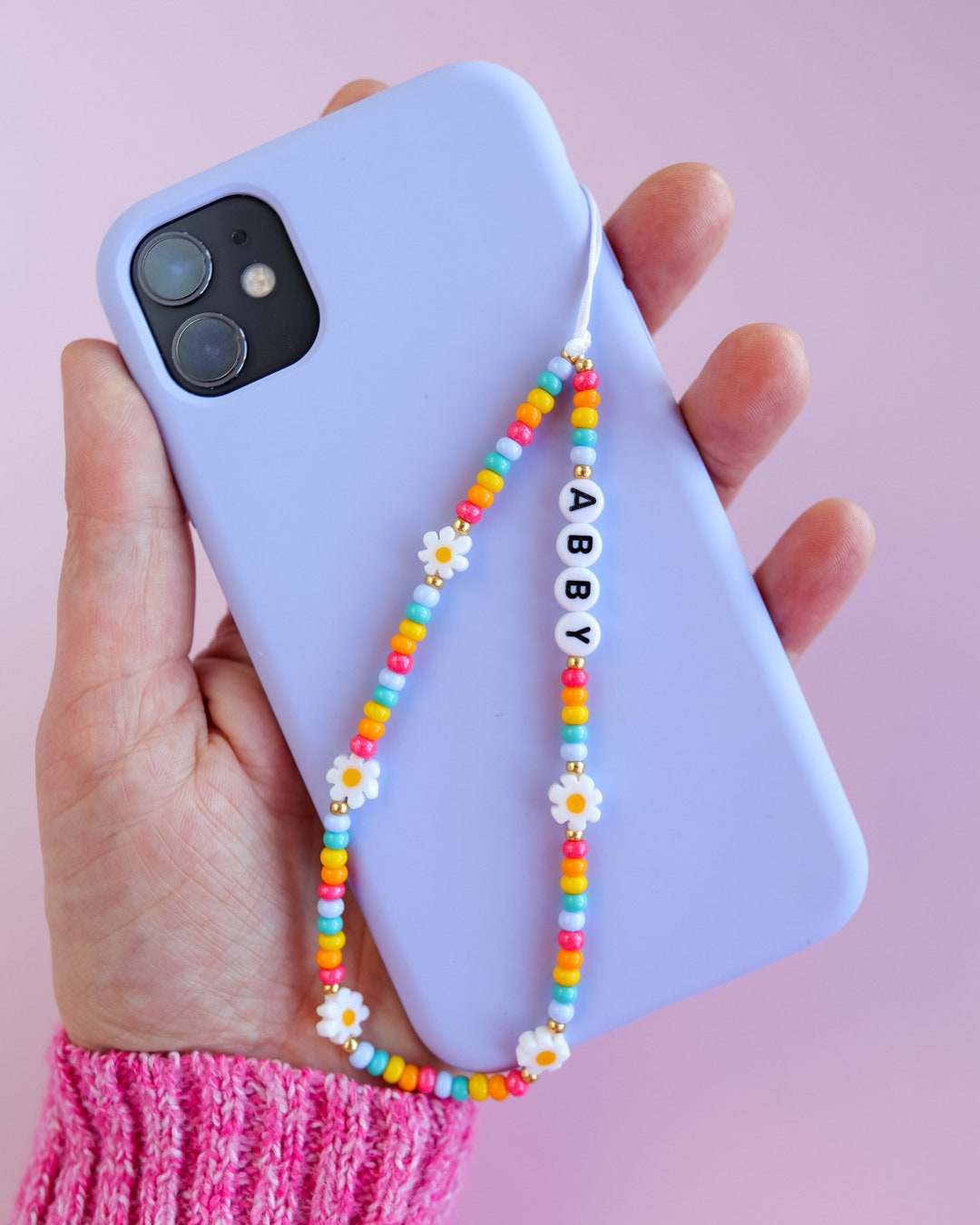 Personalised Beaded Phone Charm With Colourful Beads and Daisy Beads ...