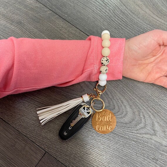 CandAEngraving Teachers Wooden Wristlet Keychain. Stretchy Wooden Bangle Wristlet with Engraved Pendant. Bangle Key Ring. Gift for Her