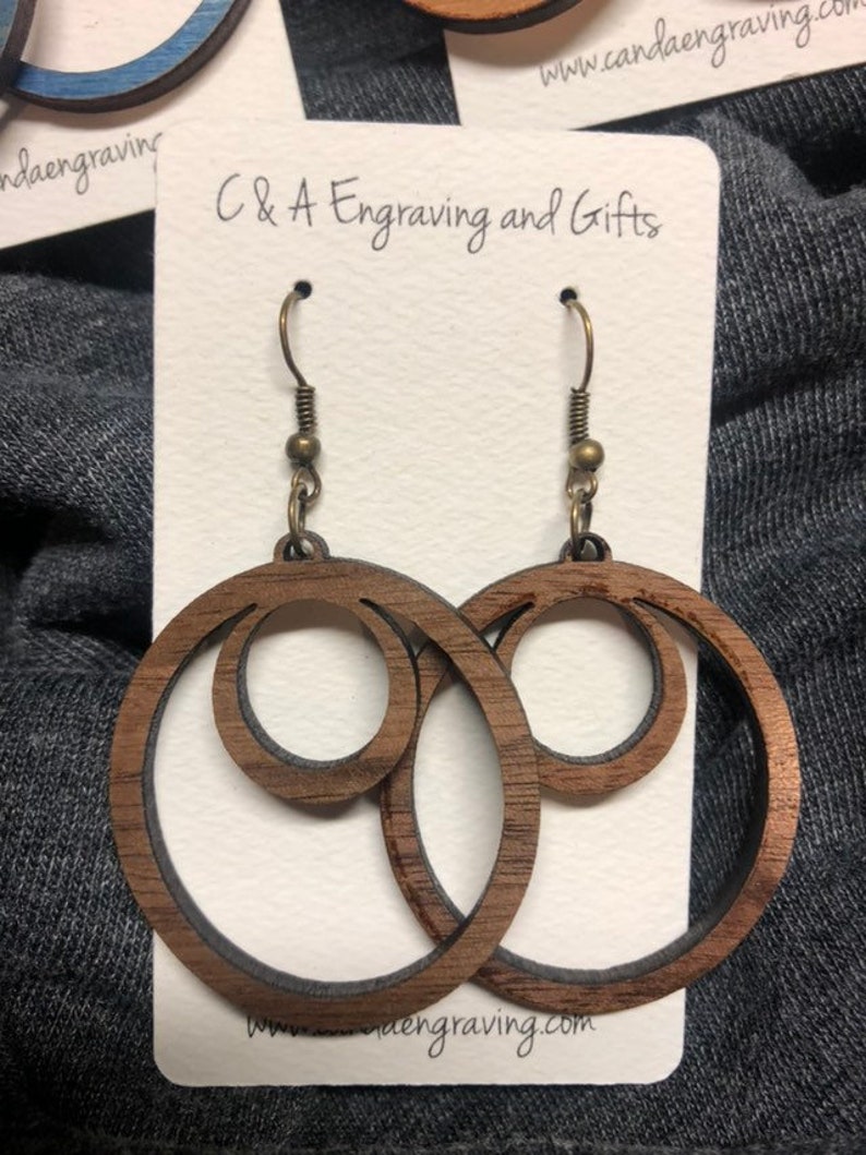 Wooden Hoop Dangle Earrings Stained Birch Wood Laser Cut Etsy