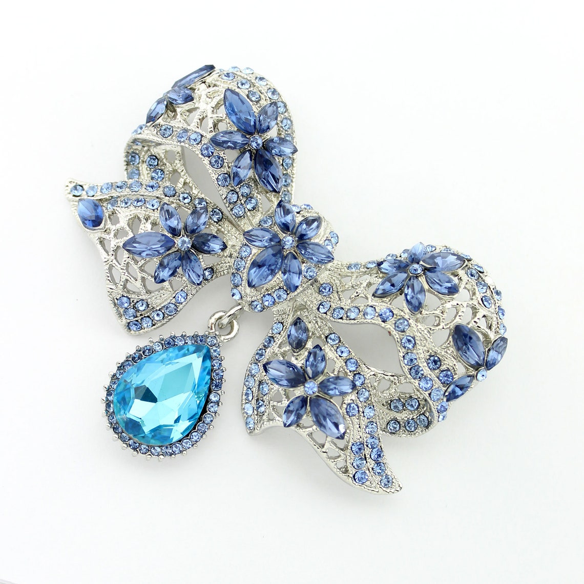 Blue Bow Brooch Silver Crystals Ribbon Something Blue Wedding - Etsy