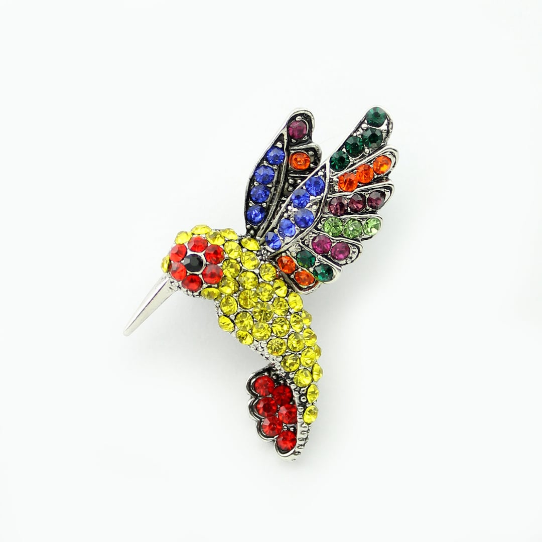 Hummingbird Brooch Pin Yellow Crystals Rainbow Rhinestones Humming Bird ...