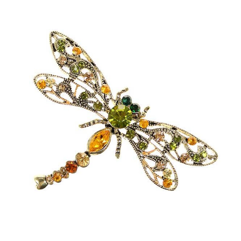 Dragonfly Brooch Amber Crystal Green Rhinetone Bug Insect - Etsy