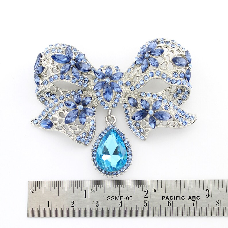 Blue Bow Brooch Silver Crystals Ribbon Something Blue Wedding - Etsy