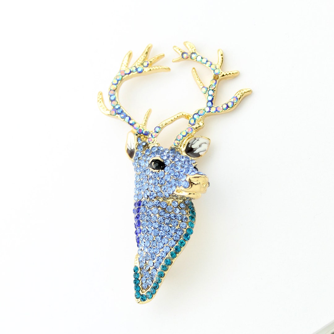 Blue Deer Brooch Pin Gold Crystals Rhinestones Broach Pins - Etsy