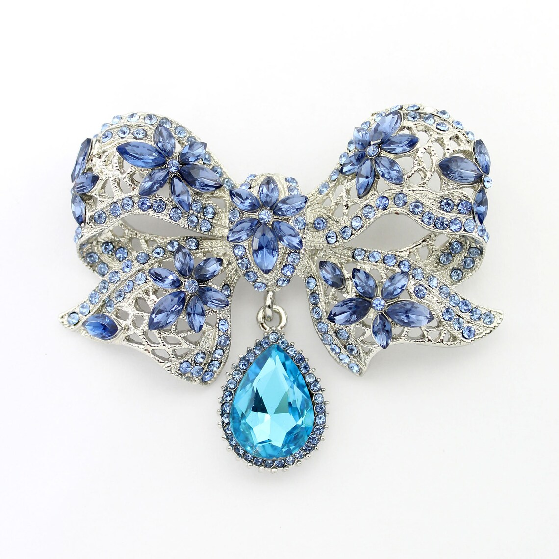 Blue Bow Brooch Silver Crystals Ribbon Something Blue Wedding - Etsy