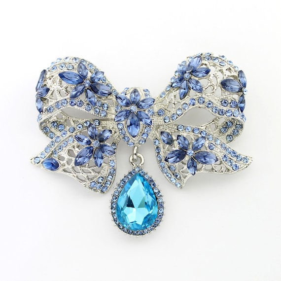 Blue Bow Brooch Silver Crystals Ribbon Something Blue Wedding - Etsy