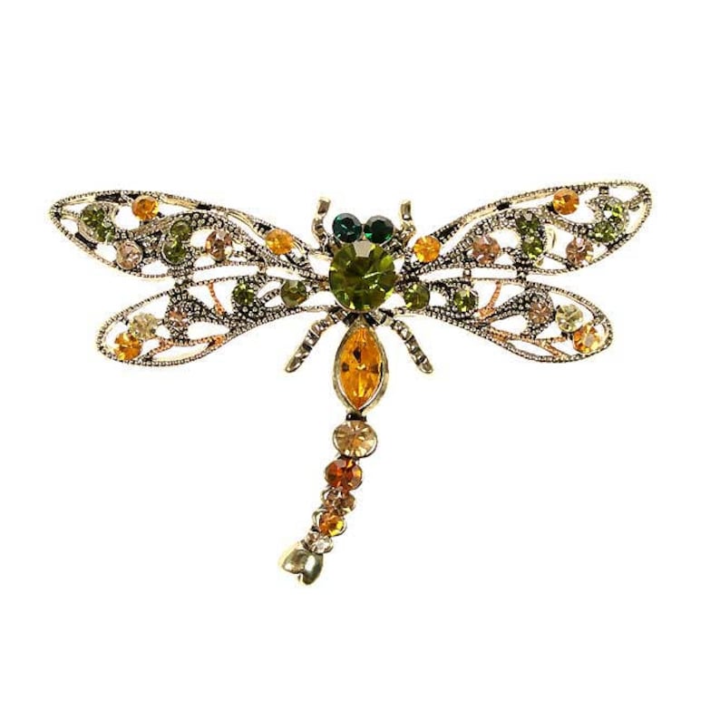 Dragonfly Brooch Amber Crystal Green Rhinetone Bug Insect - Etsy