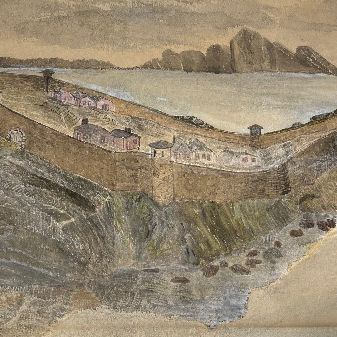 Antique Folk Art Drawing of Fortified City on a Coast - Turn of the ...