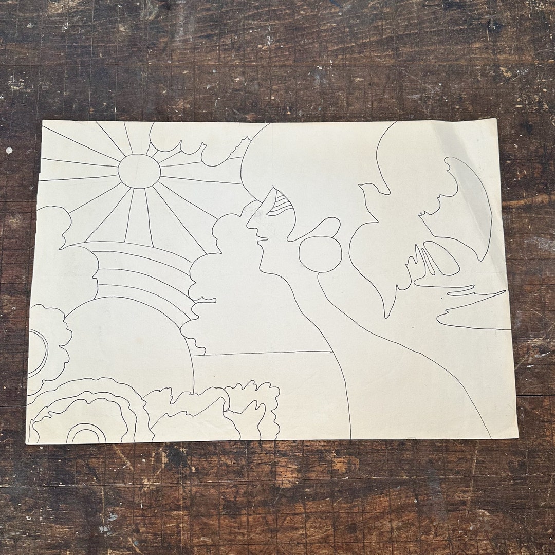 1970s Psychedelic Drawing of Woman Staring at Beaming Sun - Vintage ...