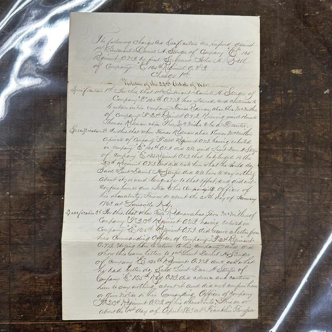 1860s Civil War Union Desertion Letter on Violation of 22nd Article of ...