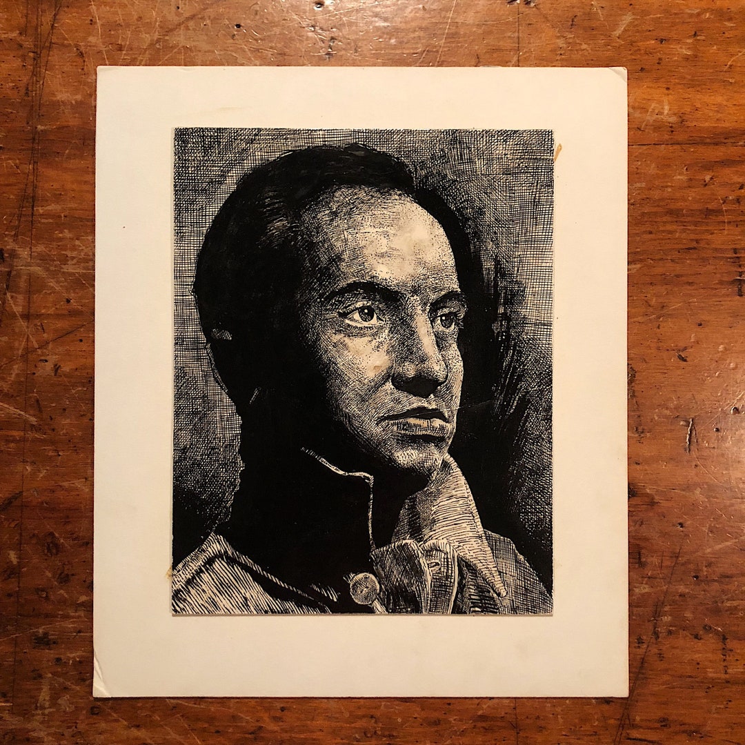 Vintage 1950s Portrait Illustration: Crosshatch Ink Drawing - Etsy
