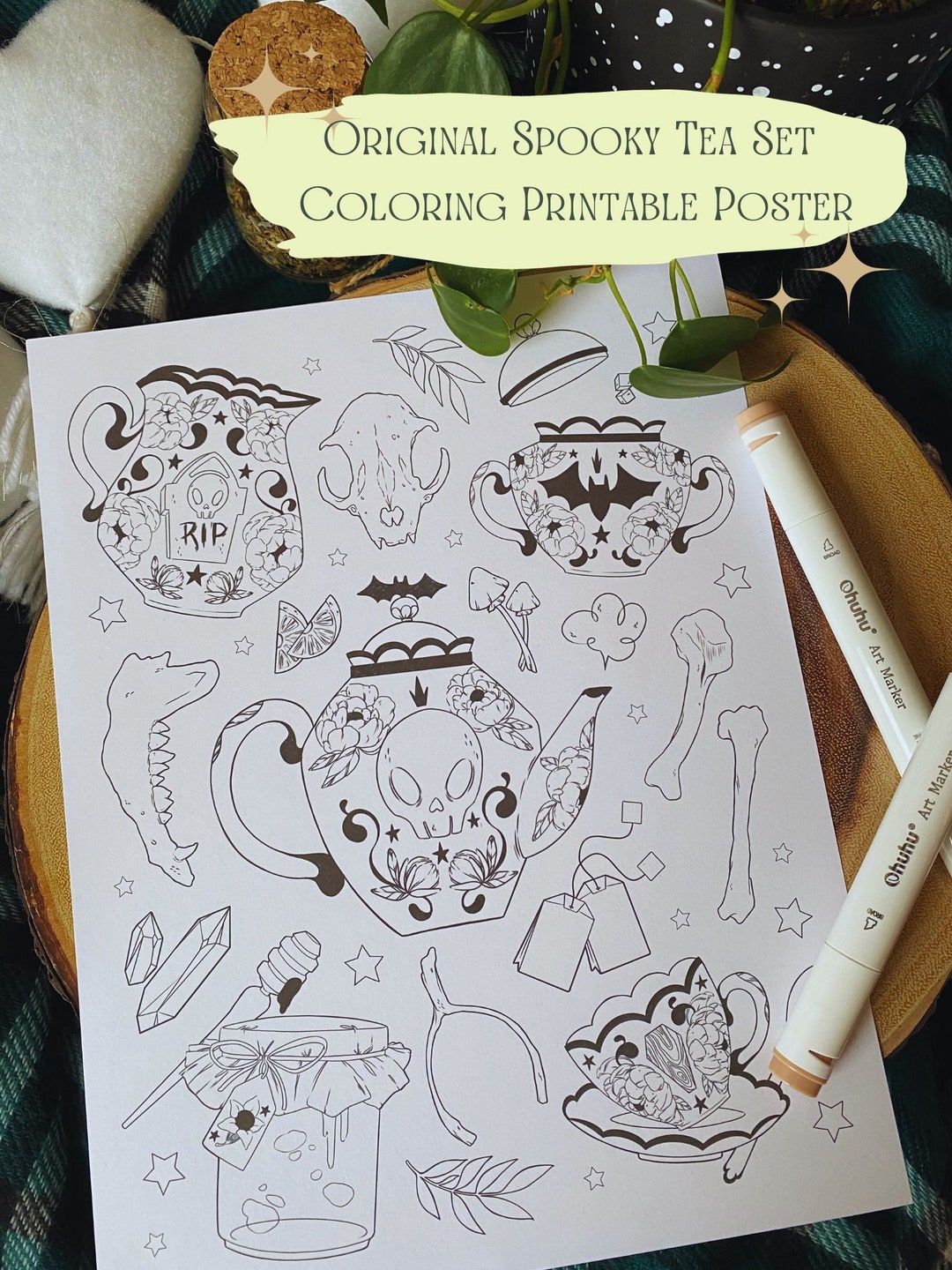 Original Spooky Tea Set Coloring Page Printable Poster - Etsy