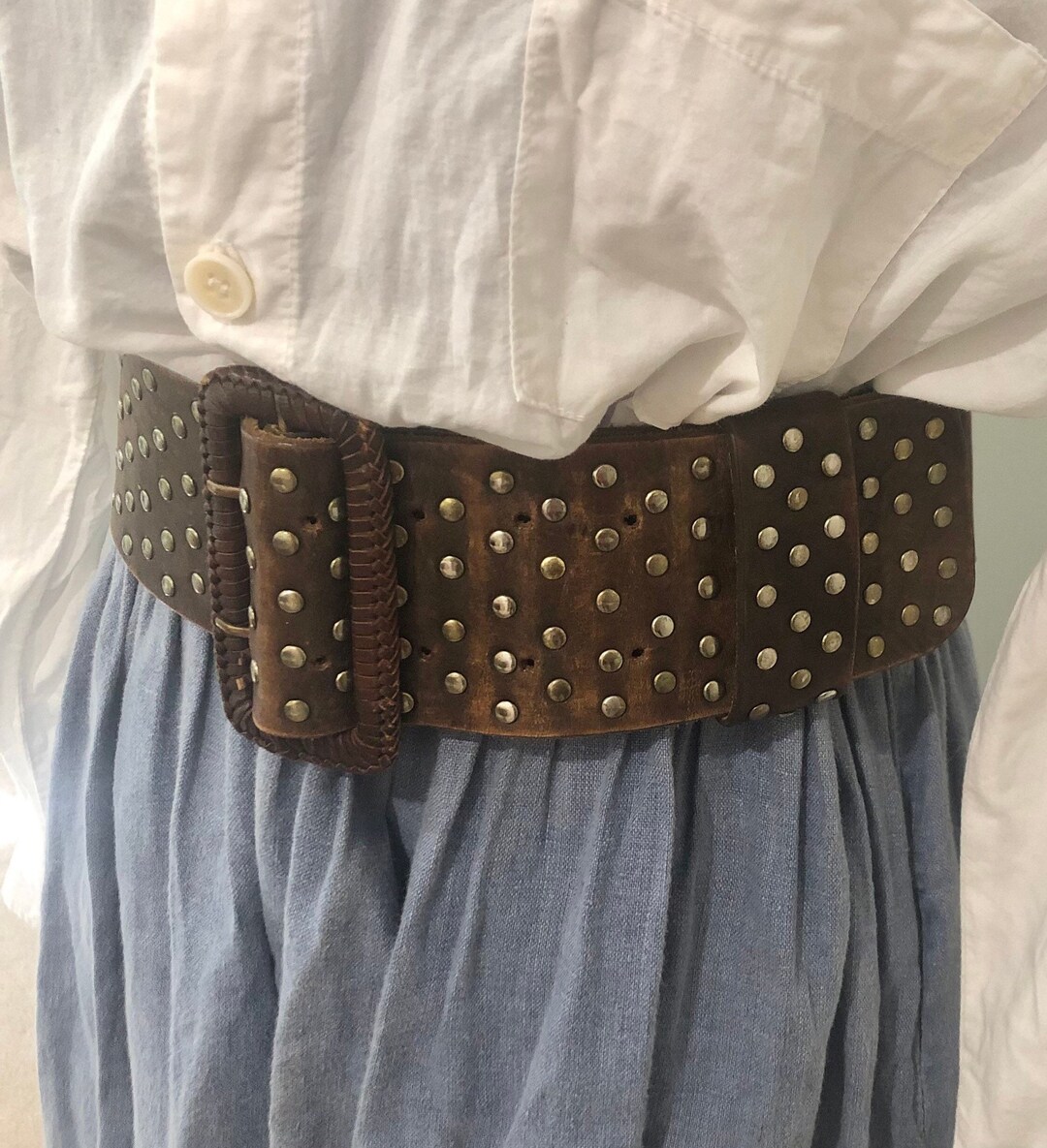 Vintage Wide Brown Leather Studded Belt - Etsy