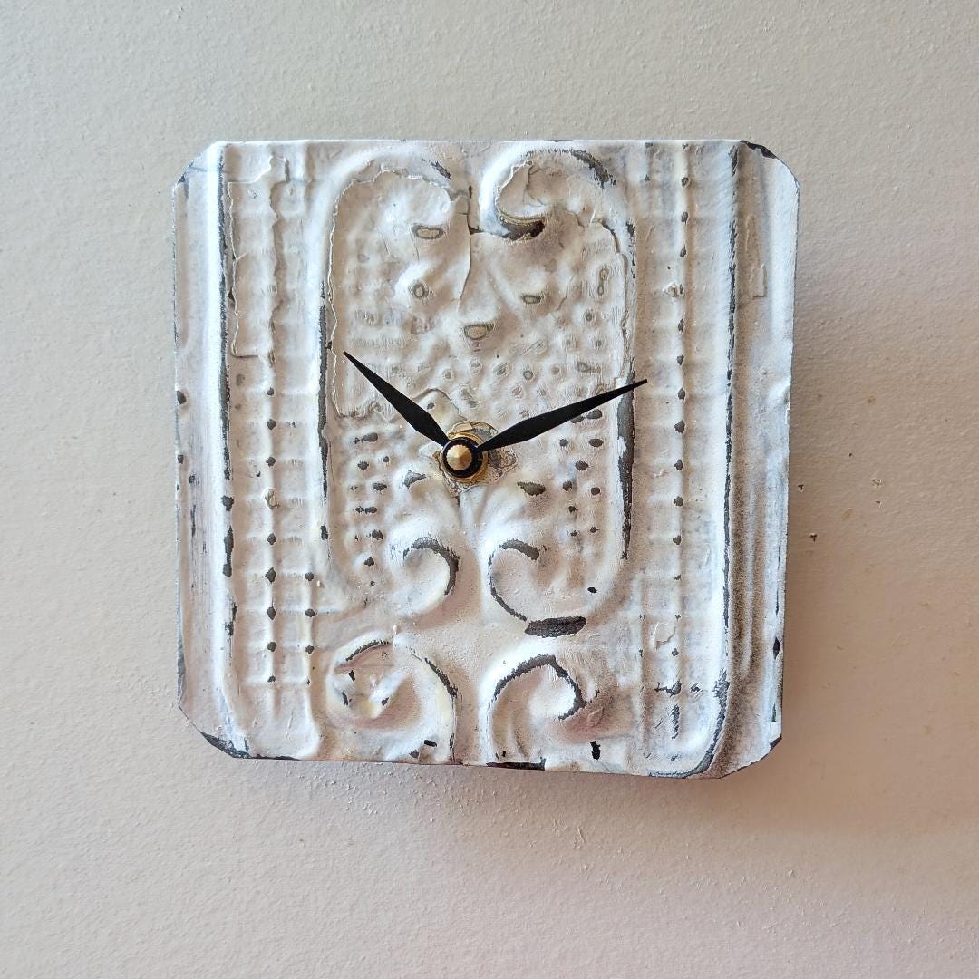 Salvaged Upcycle Ceiling Tin Clock Unique Metal White Patina Wall Decor ...