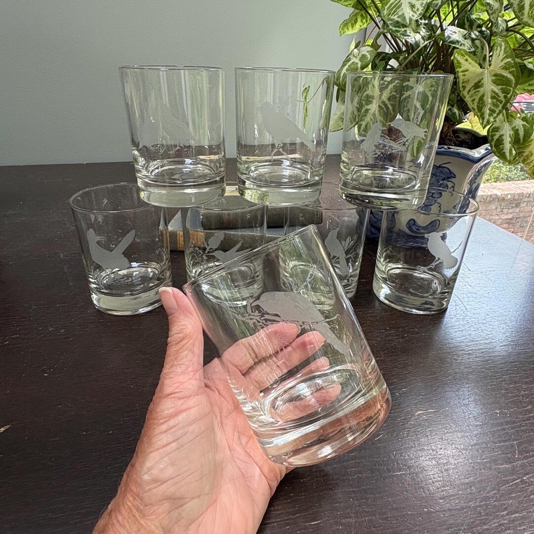 Neiman Marcus Cocktail Glasses Eight 8 Different Etched Bird Designs ...