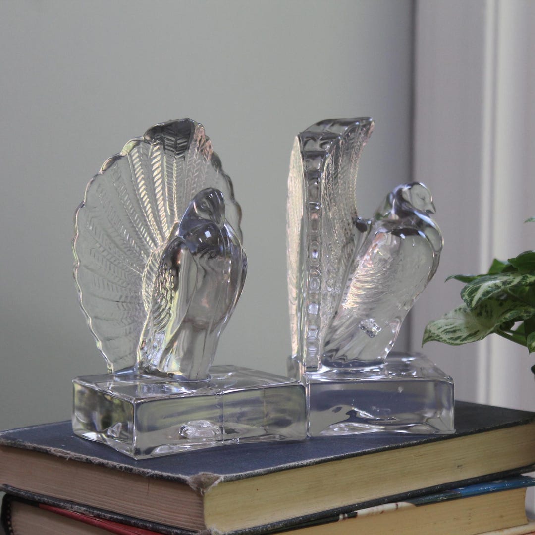 Indiana Glass Clear Pouter Pigeon Bird Bookends Molded Glass W/ Air ...