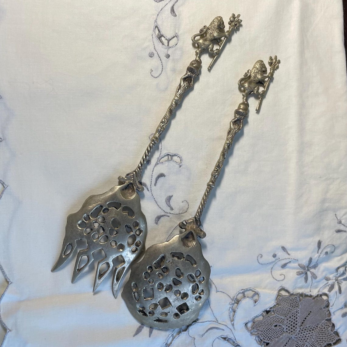 Brass Montagnani Salad Server Set Long Handled Fork & Spoon Serving ...