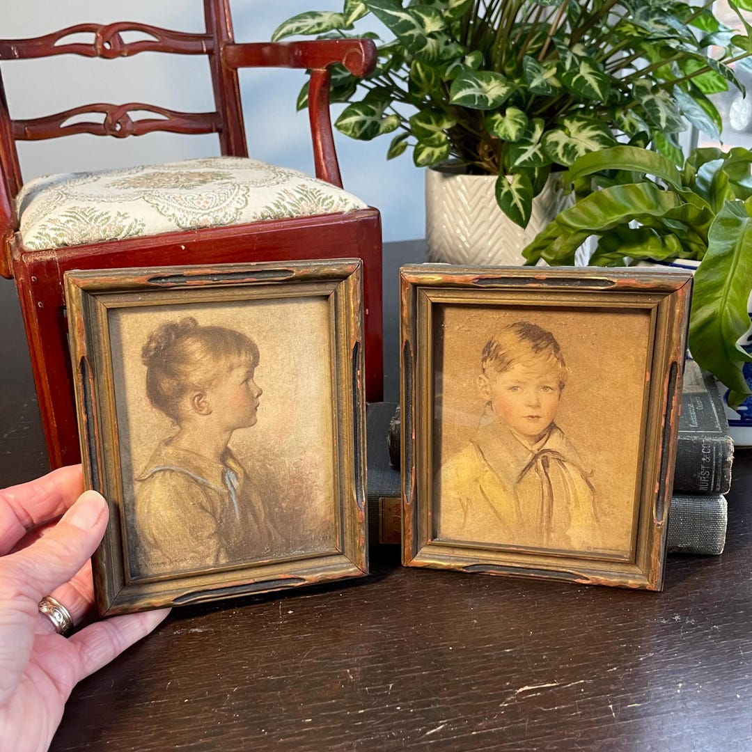 Antique Small Portrait Art Chromolithography Charlotte & Peter by ...