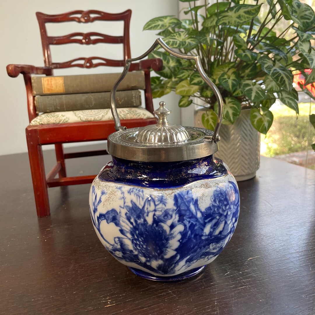 Flow Blue Victoria Ware Ironstone Biscuit Jar With Silver Lid & Handle ...