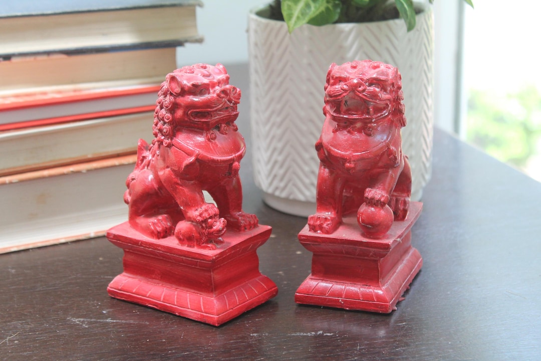 Pair Red Foo Dog Statues Resin Guardian Lion Sculptures Two 2 Chinese ...