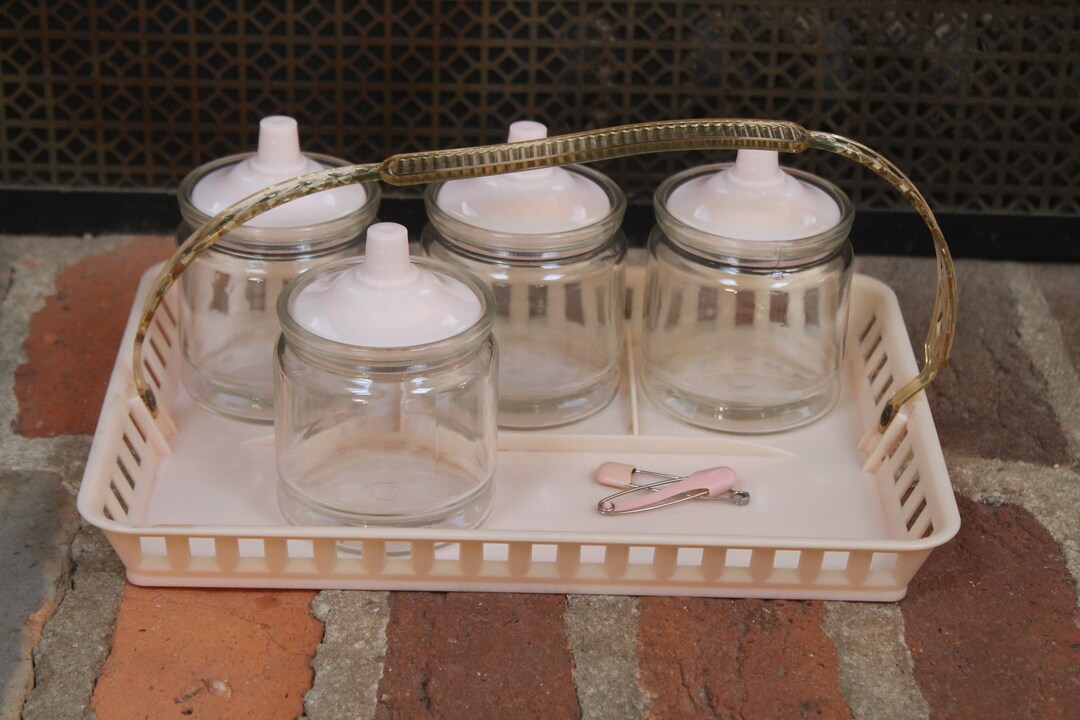 Baby Nursery Set Pink Vanity Tray & 4 Glass Jars W/ Pink Celluloid ...