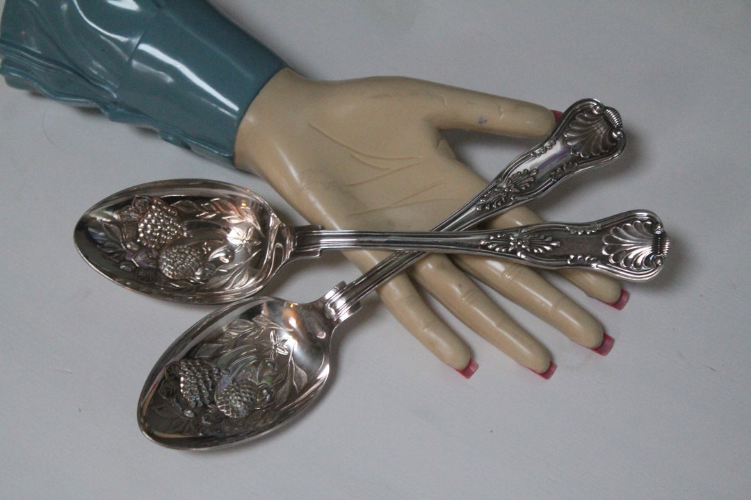 WA Sheffield Serving Spoons Kings Pattern Two 2 Embossed Fruit Design ...