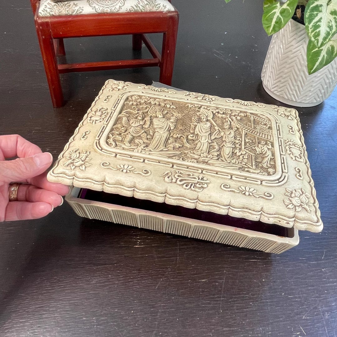 Syroco Speidel Box Highly Carved Asian Theme Hinged Lid Velvet Satin ...