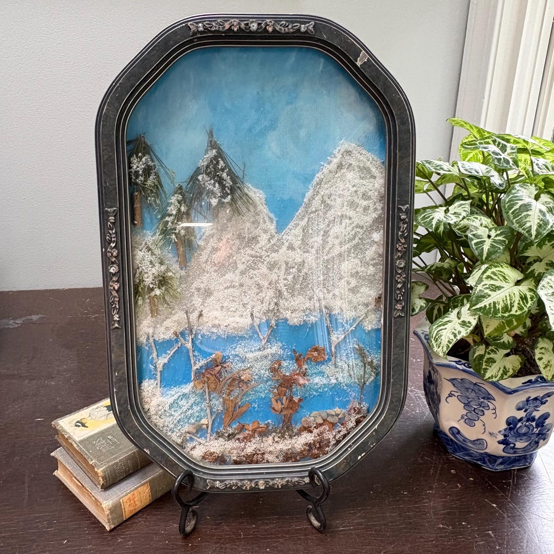 Antique Diorama Under Convex Glass in Metal Frame Snow Scene W/ Natural ...