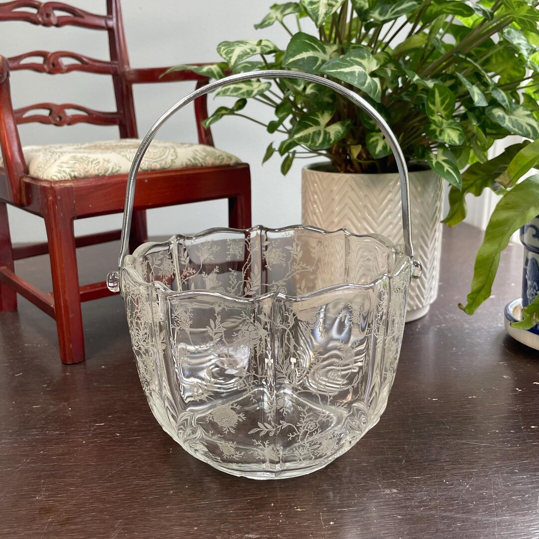 Fostoria "chintz" Ice Bucket Etched Glass Floral Pattern W/ Metal ...
