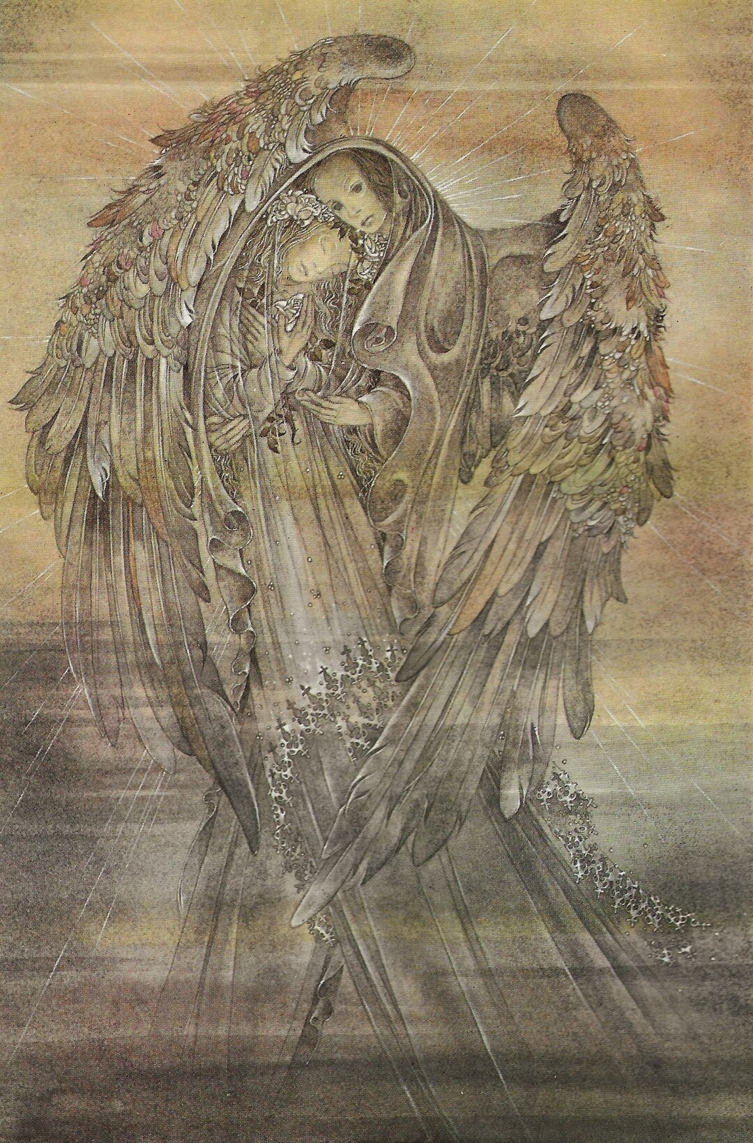 ANGEL Sheltering Young Girl With Wings - Sulamith Wulfing Original 1981 ...