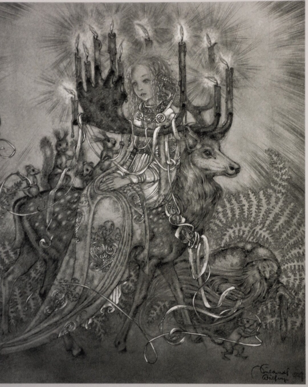 LOVELY Young Girl on Stag W- Rabbit, Mouse, Dwarf Friends - 1991 MATTED ...