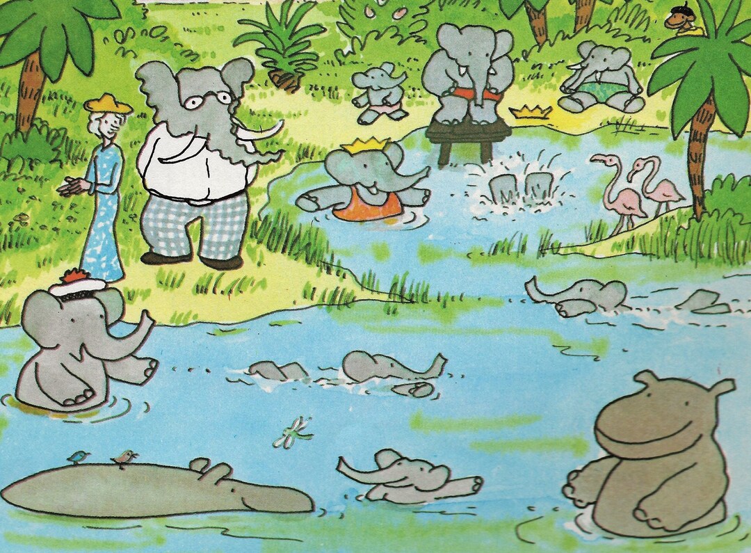 BABAR & Elephants Swim in Park Pond - ORIGINAL 1973 Vintage Picture ...
