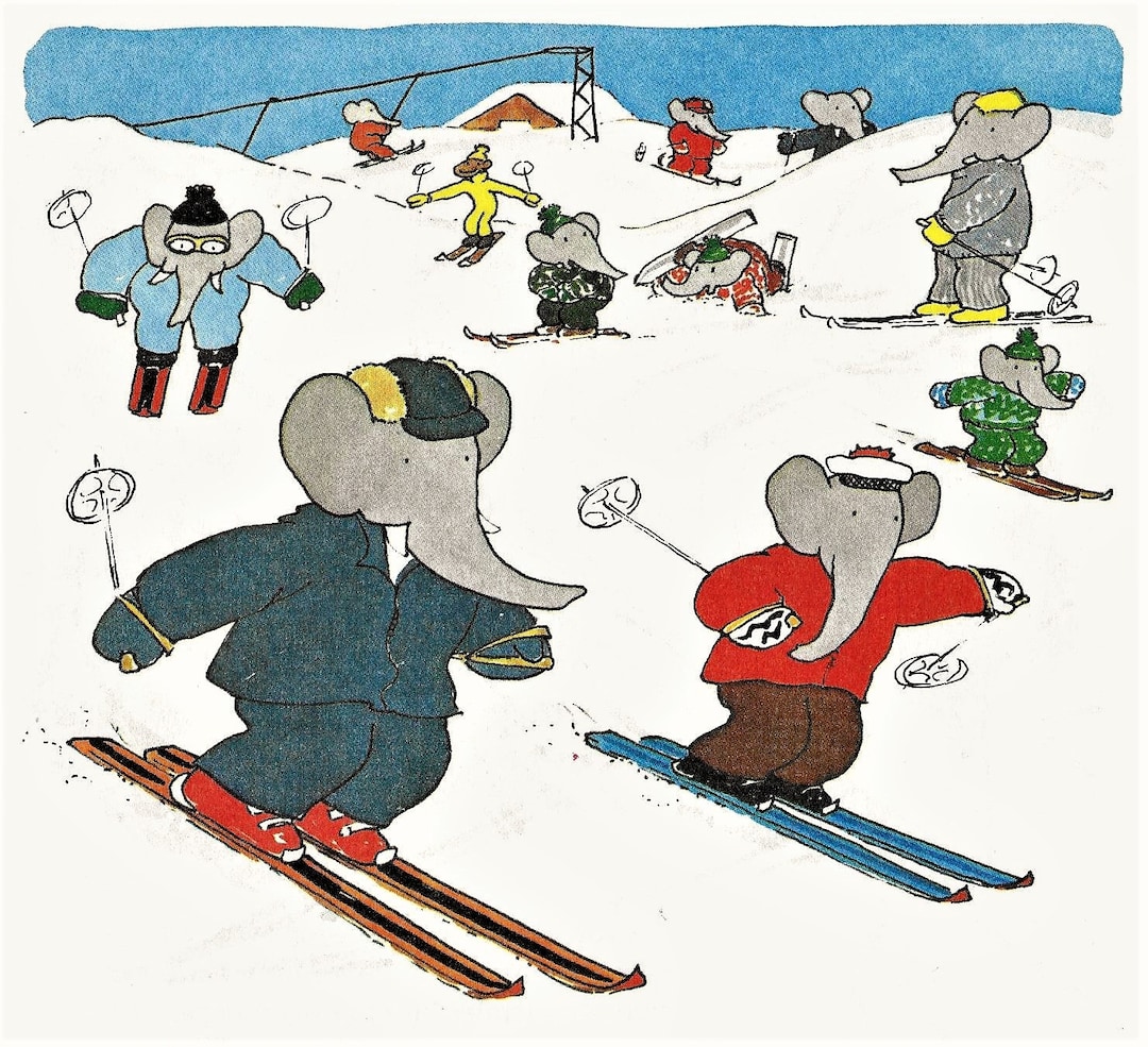 BABAR the Elephant & Arthur Down Hill Skiing 1973 Vintage MATTED ...