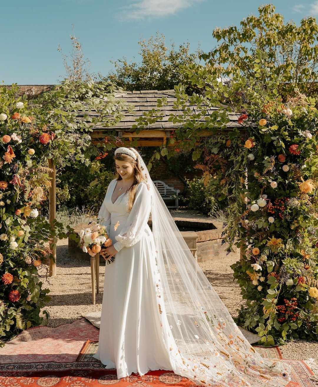 Floral Edged Orange Wildflower Veil / Veil With Embroidered Flowers ...
