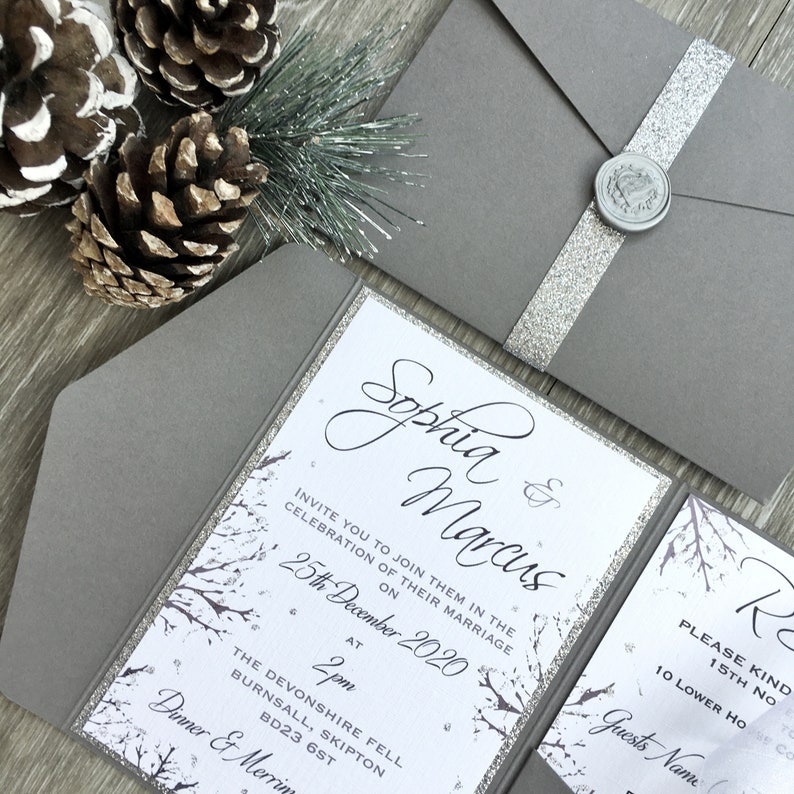 SAMPLE Rustic Winter Wedding Invitation Grey Pocket Fold - Etsy