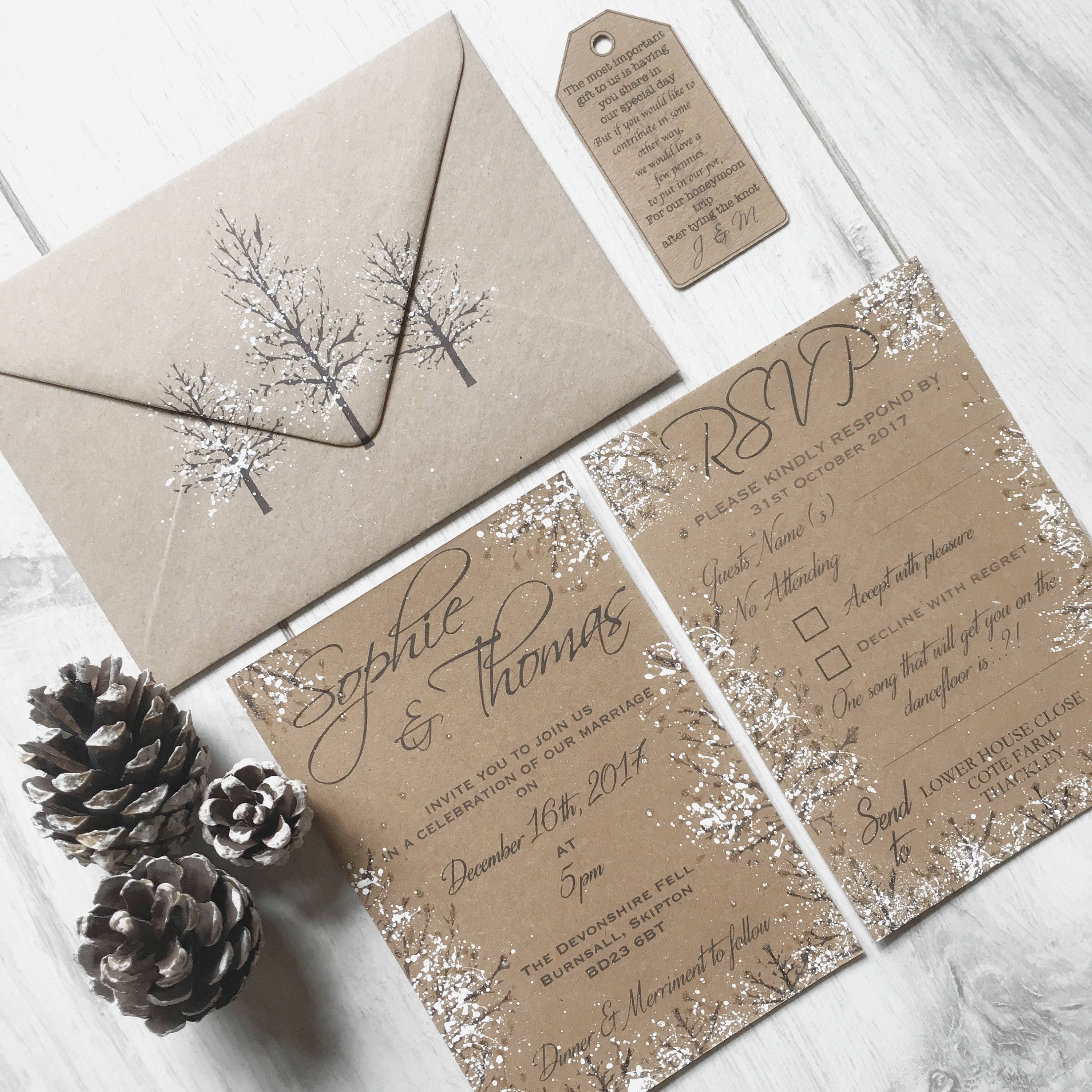 Winter Wedding Invitations, Handmade Winter Wedding Invitations, Kraft ...