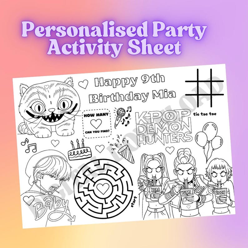 Personalised Kpop Demon Hunters Birthday Party Activity Sheet Huntrix ...