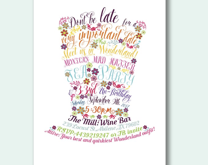 Mad Hatter TOPHAT Themed Birthday Invitation. Mad Hatter Party. Top Hat ...