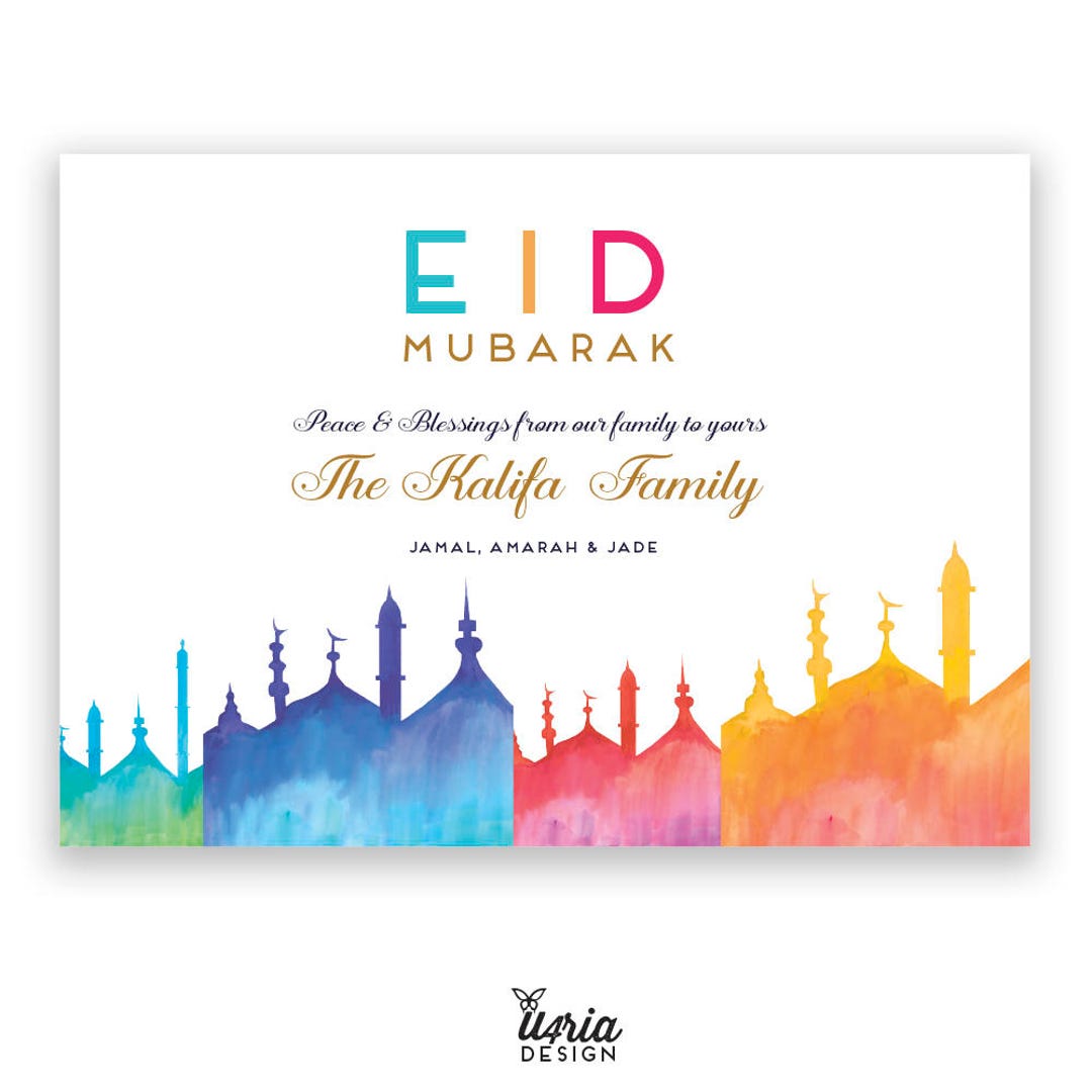 Eid Greeting Card. Watercolor Photo Greeting Card. Colorful Mosque ...