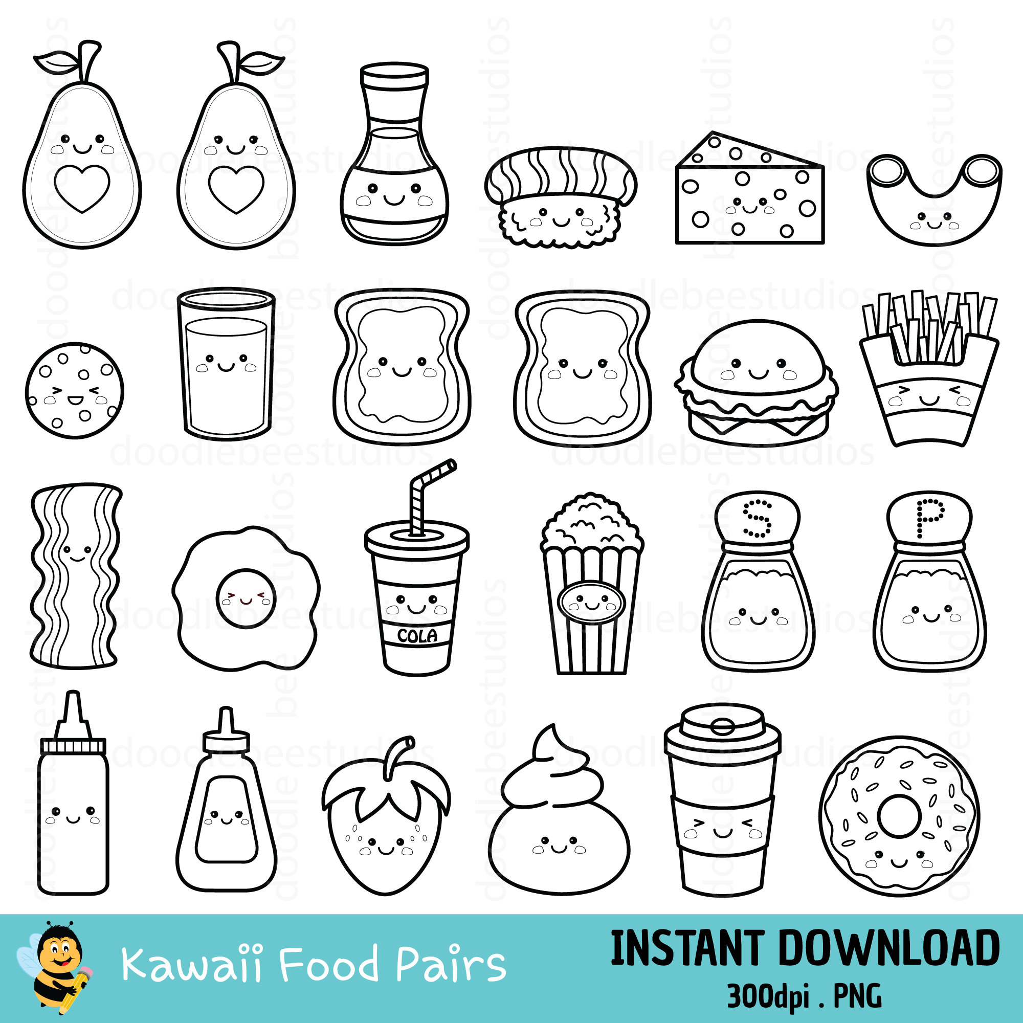 Valentine's Day Food Pairs Clipart, Kawaii Food Pairs Digital Stamps ...